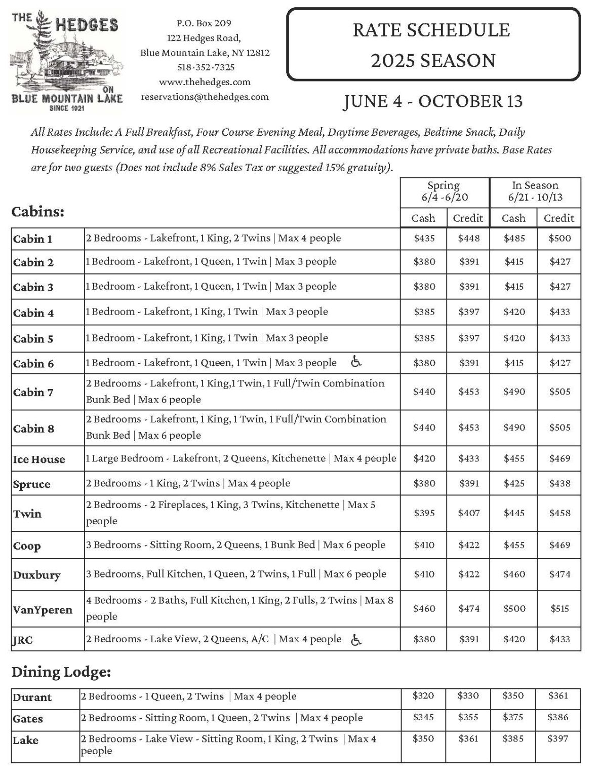 Reservations & Rates - The Hedges on Blue Mountain Lake